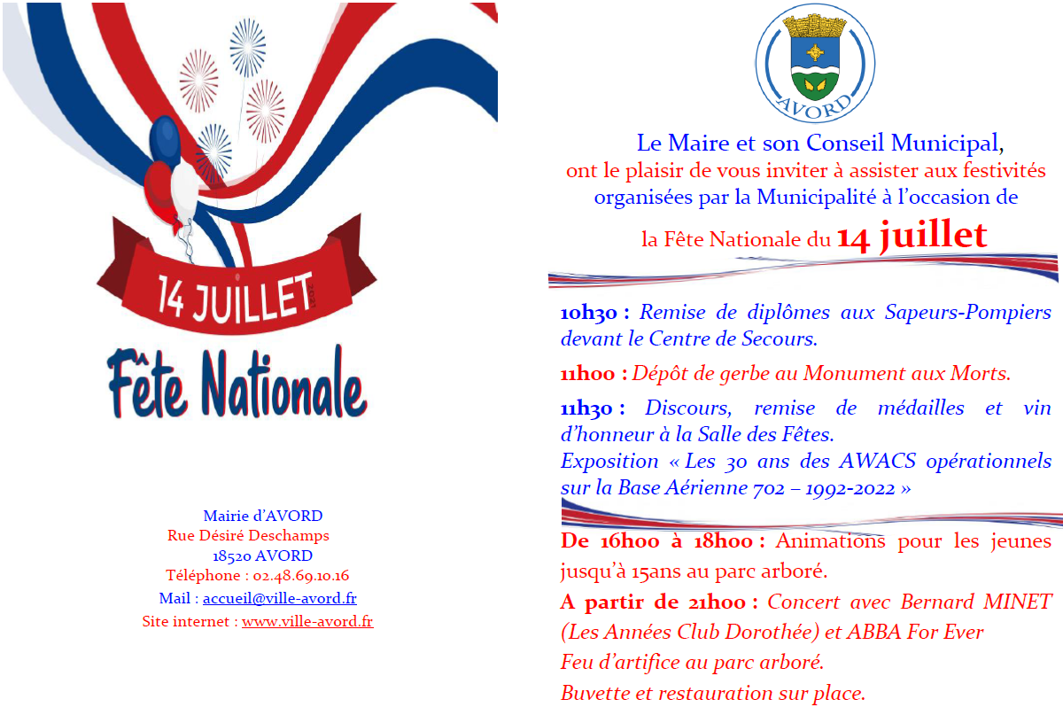 Programme festivités 14 juillet | Mairie d'Avord
